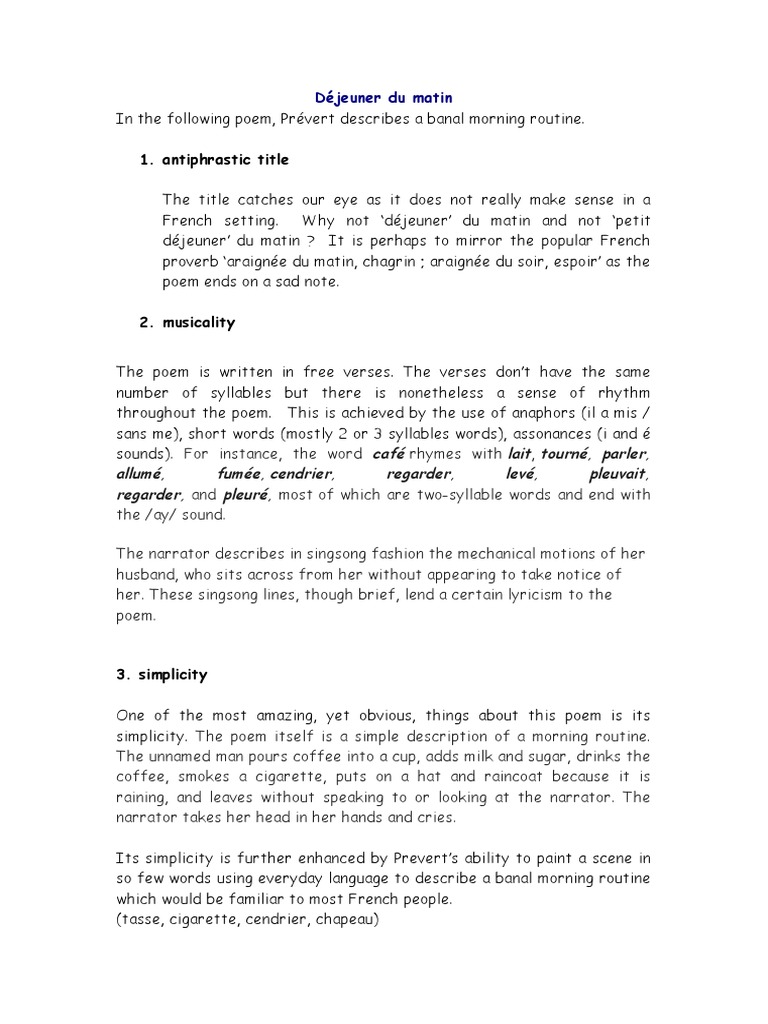 Dejeuner Du Matin Analysis | PDF | Poetry | Narration
