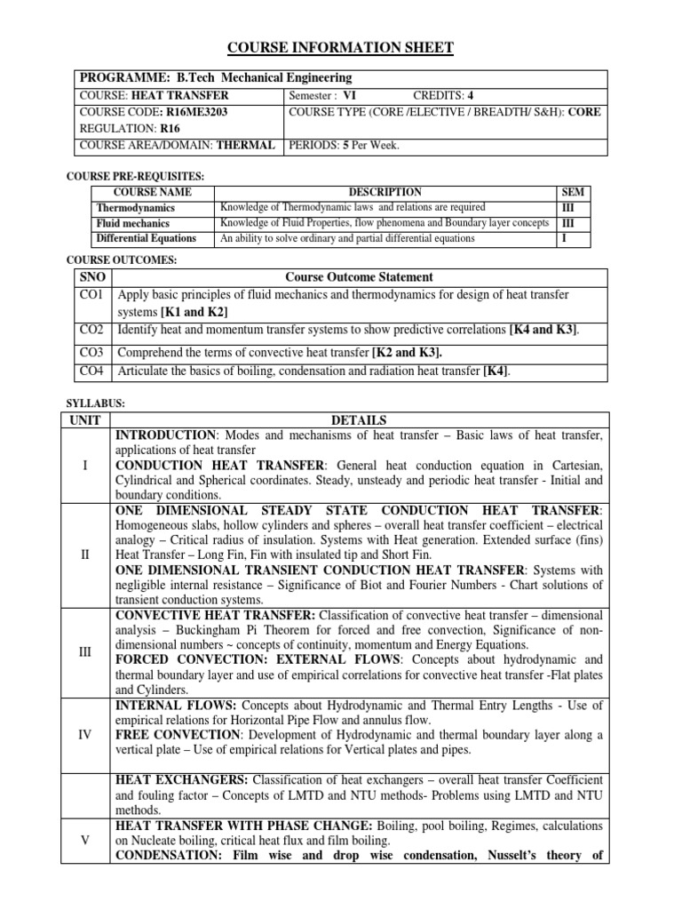 Heat Transfer Course Information Sheet | PDF | Heat Transfer | Thermal ...