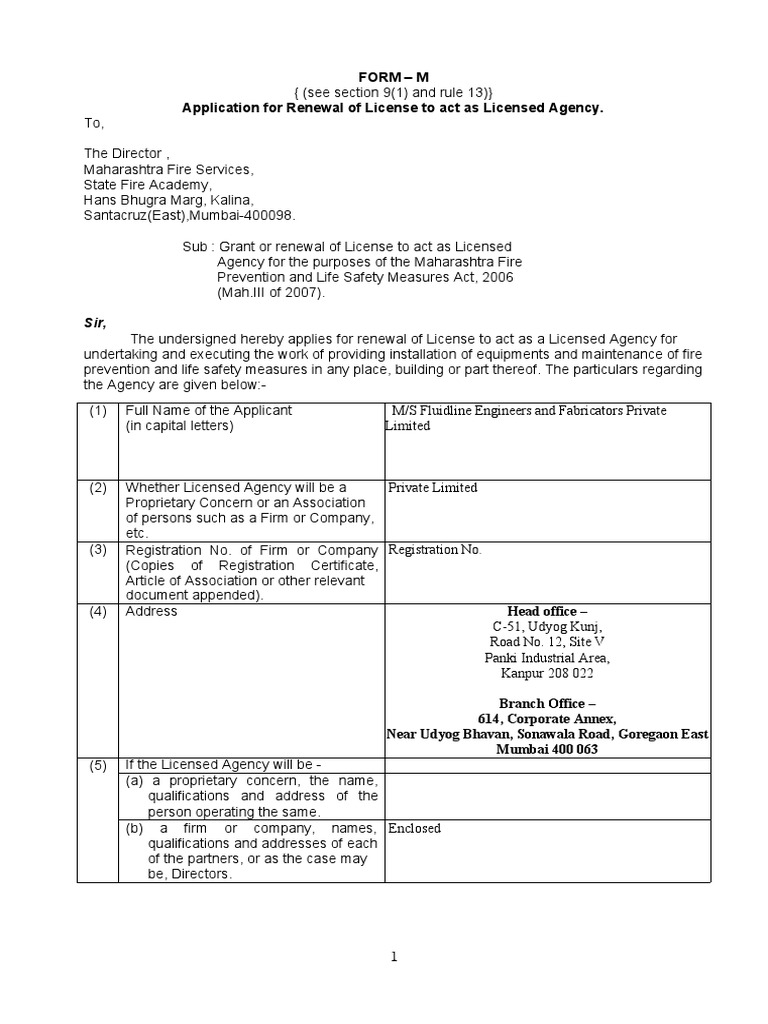 Form - M Application For Renewal of License To Act As Licensed Agency ...