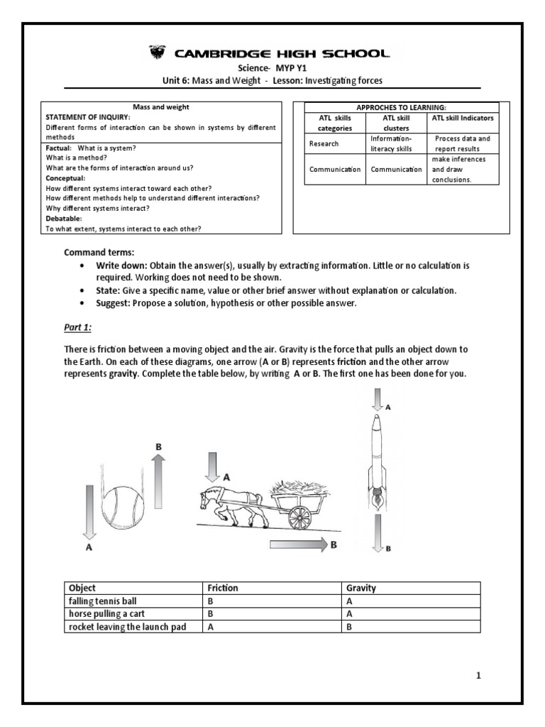 Science-MYP Y1 Unit 6: Mass and Weight - Lesson: Investigating Forces ...
