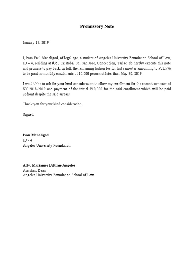 Tuition Fee Promissory Note Sample | PDF | Wellness