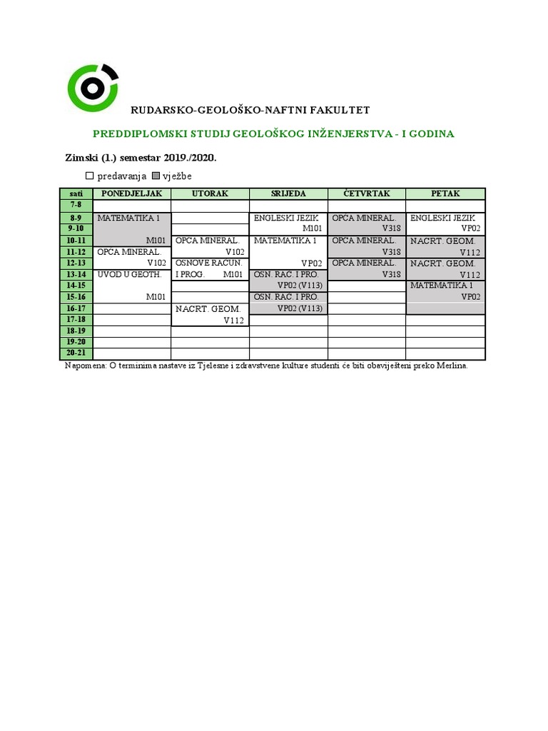 Geološko Inženjerstvo: Raspored Predavanja | PDF