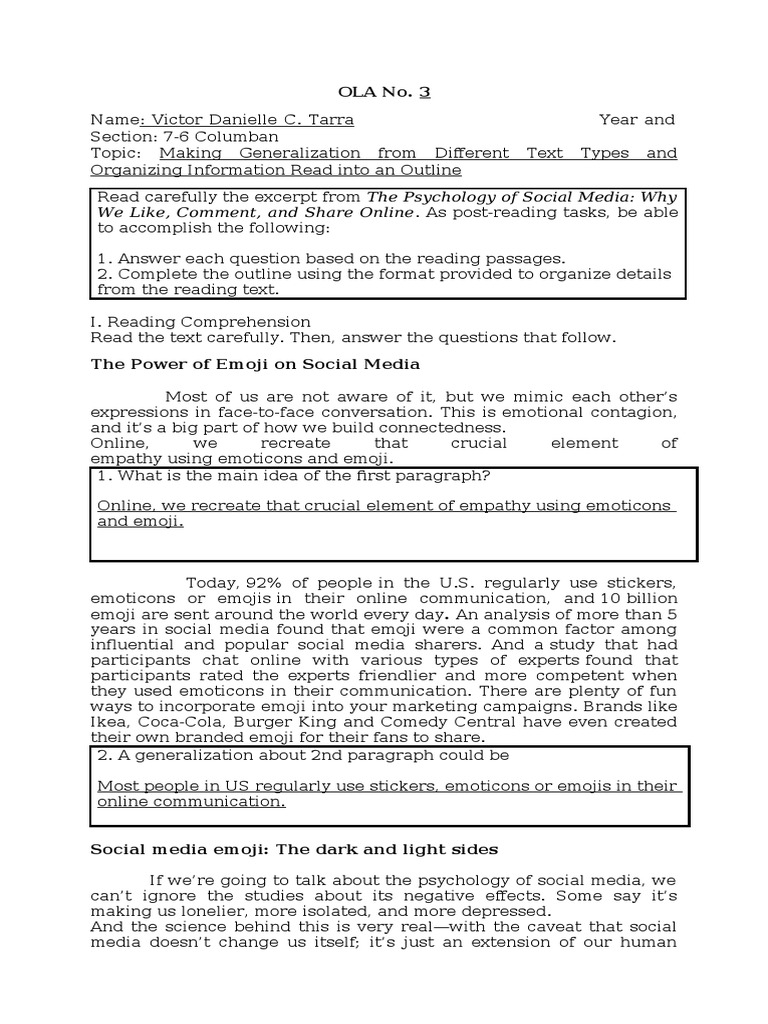 Worksheet OLA 3 Reading Comprehension. Victor Tarra 7 6 Columban | PDF ...