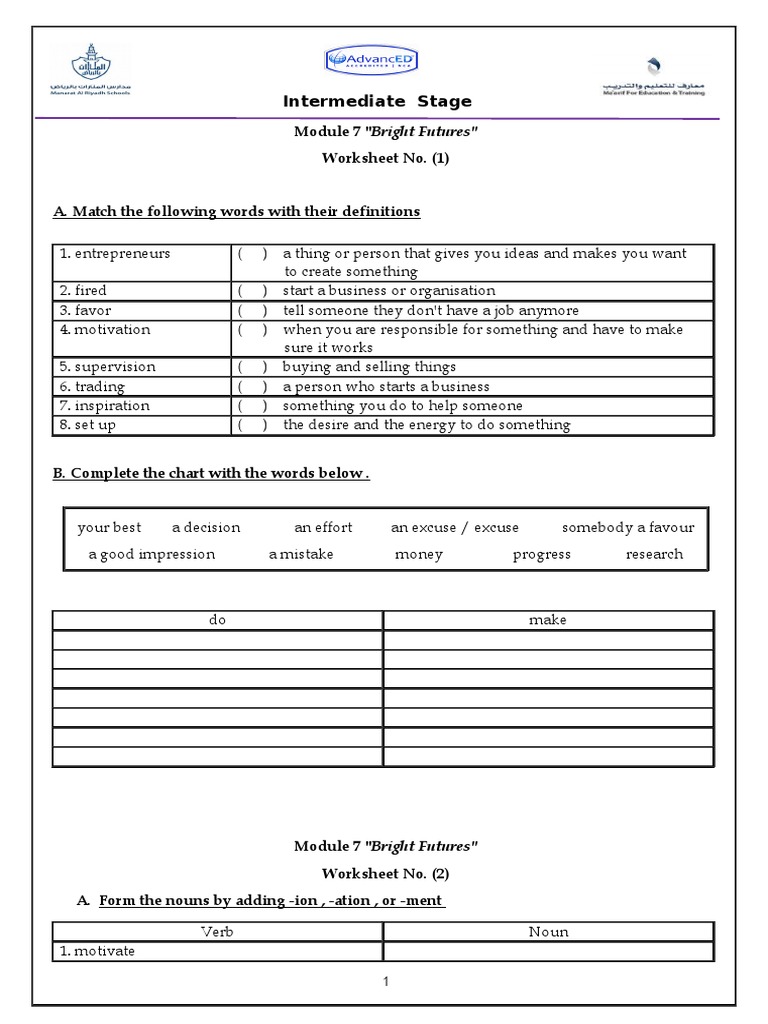 Intermediate Stage: Module 7 "Bright Futures" Worksheet No. | Download ...