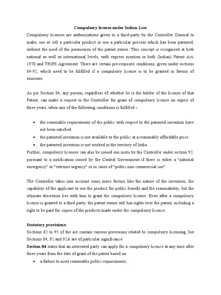 Compulsory License Under Indian Law | PDF | Patent | Glossary Of Patent ...