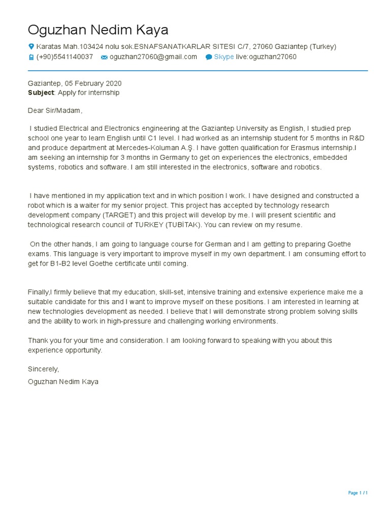 Oguzhan Nedim Kaya: Subject: Apply For Internship | PDF