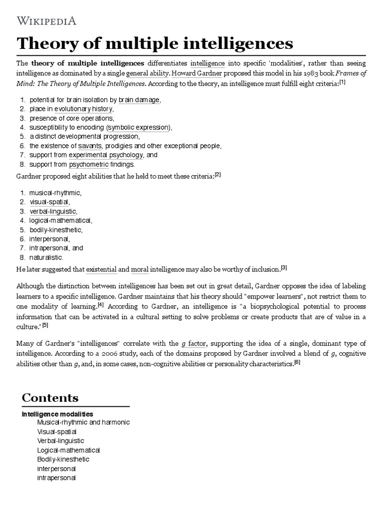 Theory of Multiple Intelligences | Download Free PDF | Intelligence Quotient | Psychological ...
