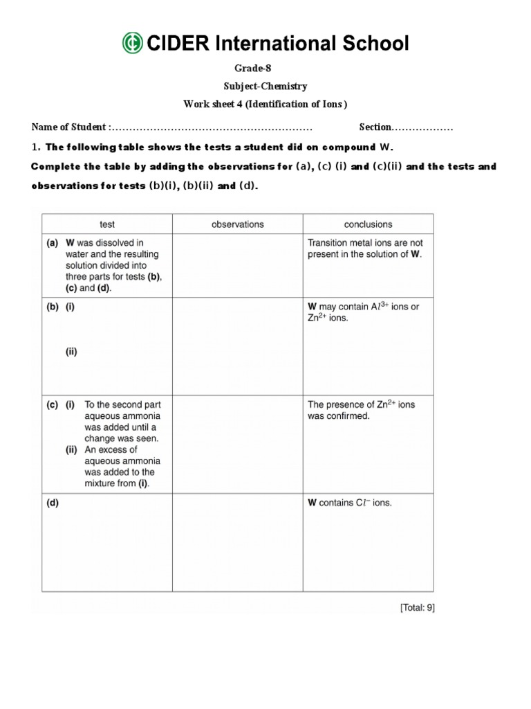 4.worksheet On Identification of Ions of G8 | PDF