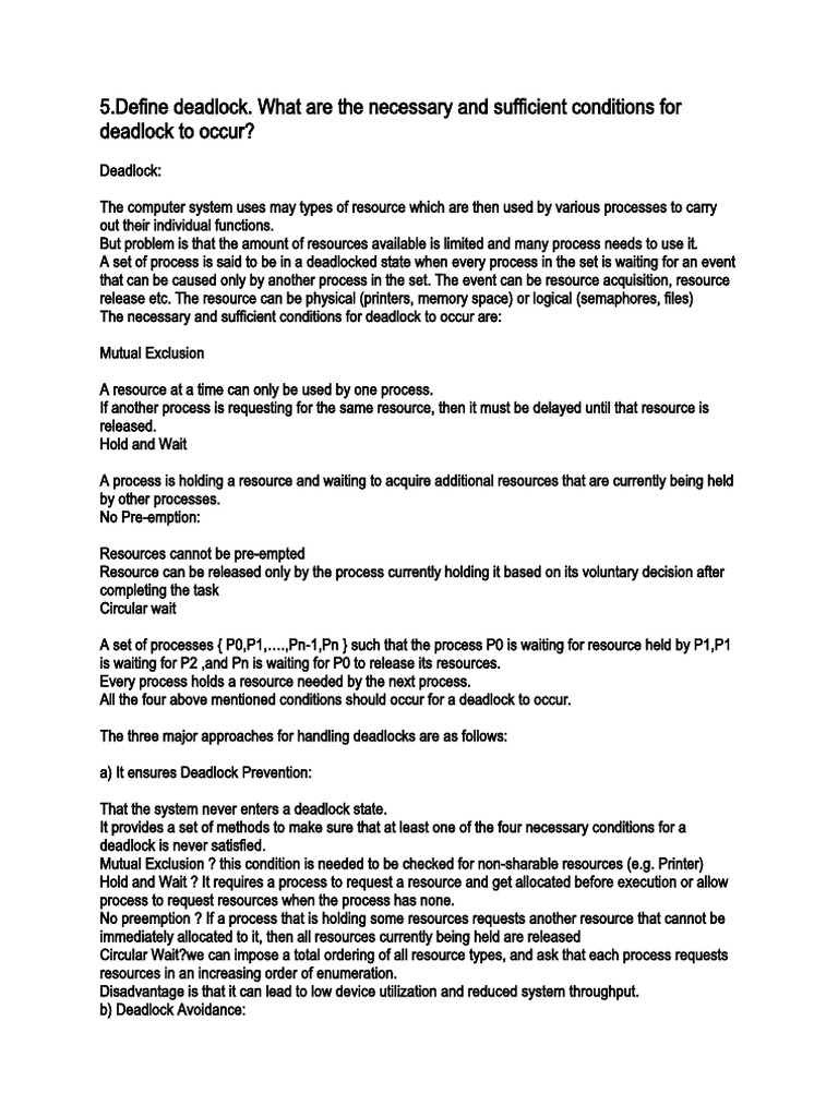 5.define Deadlock. What Are The Necessary and Sufficient Conditions For Deadlock To Occur? | PDF ...