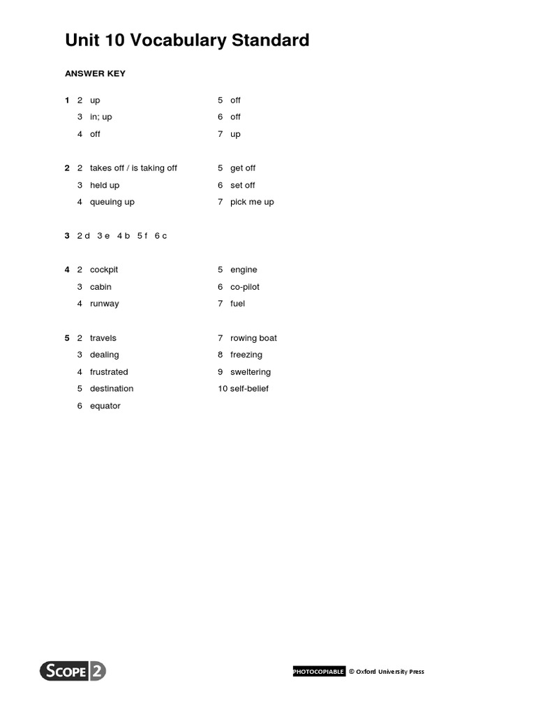 Unit 10 Vocabulary Standard: Answer Key | PDF