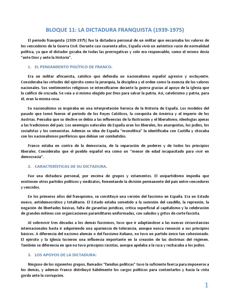 Bloque 11: La Dictadura Franquista Pevau 2020 | PDF | España franquista | Francisco franco