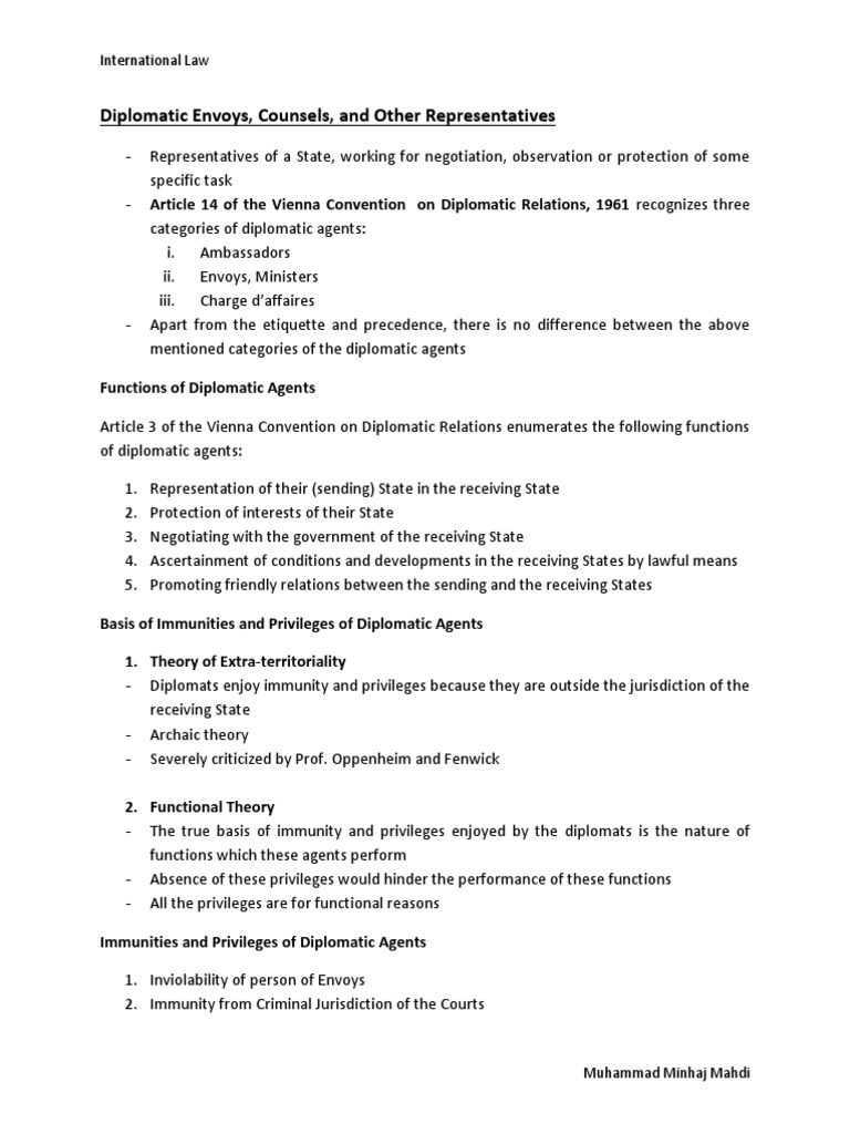 Diplomatic Envoys, Counsels, and Other Representatives: Functions of ...