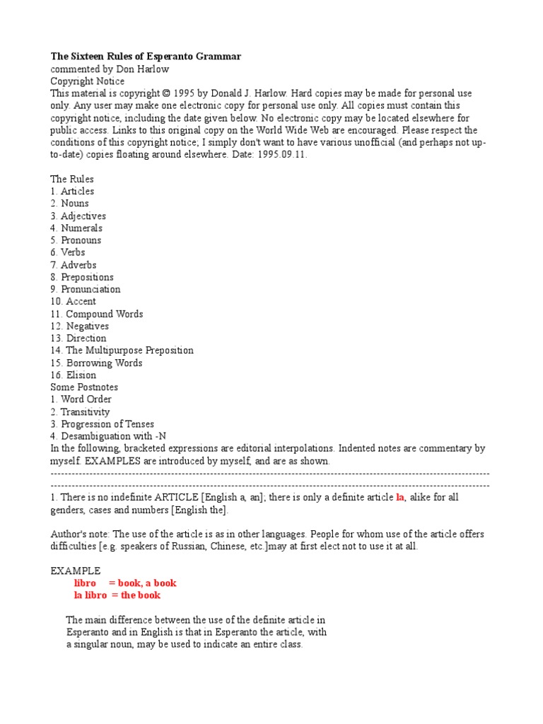 The Sixteen Rules of Esperanto Grammar | PDF | English Language | Verb
