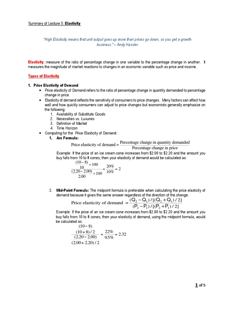 Summary of Lecture 5 - Elasticity | PDF | Demand | Price Elasticity Of ...