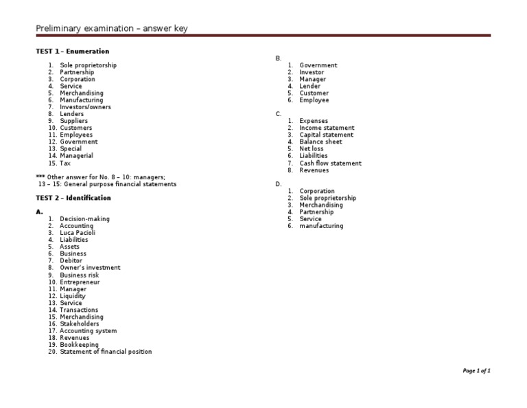 Preliminary Examination - Answer Key | PDF