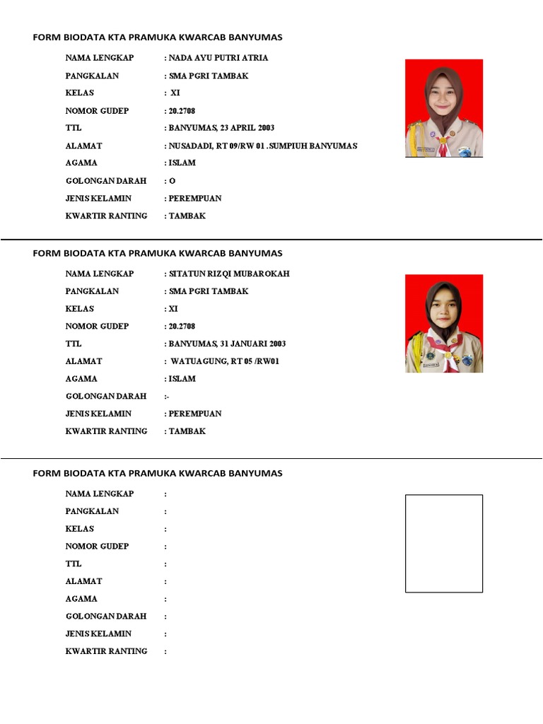 Form Biodata Kta Pramuka Kwarcab Banyumas | PDF