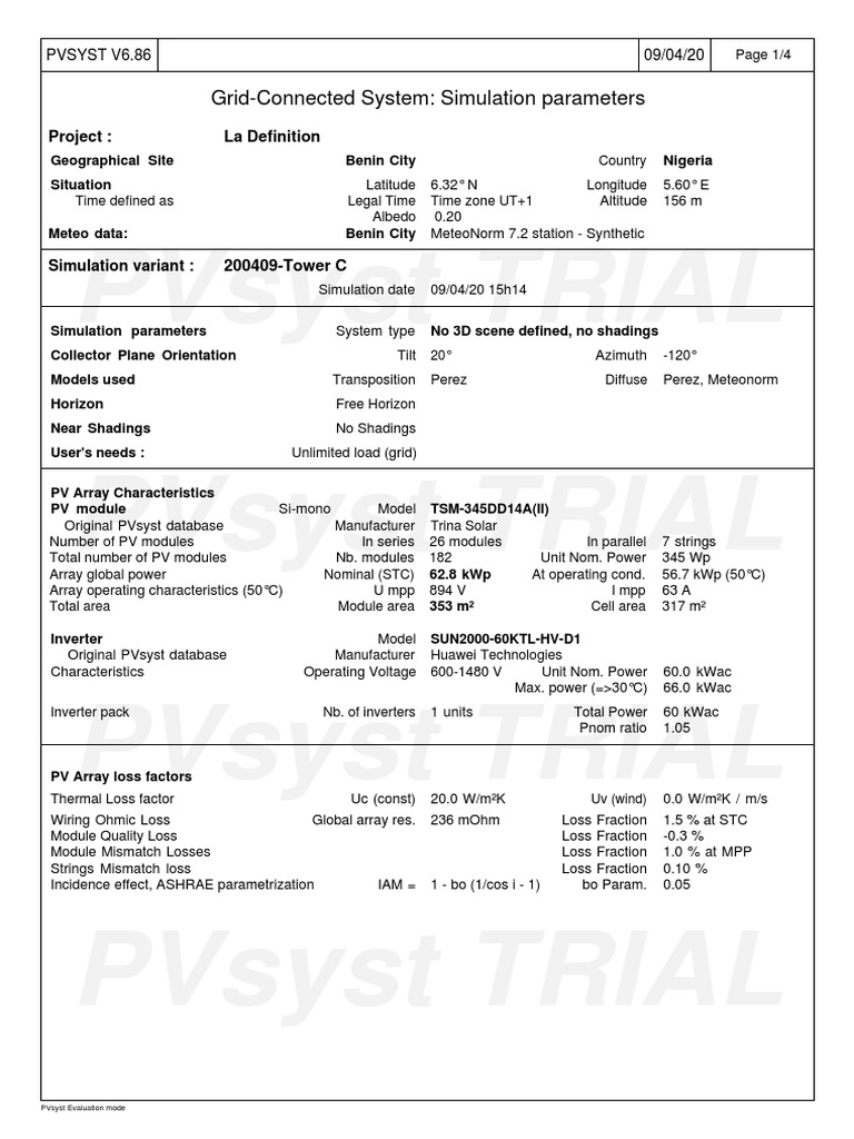 Pvsyst Trial Pvsyst Trial Pvsyst Trial Pvsyst Trial: Grid-Connected System: Simulation ...