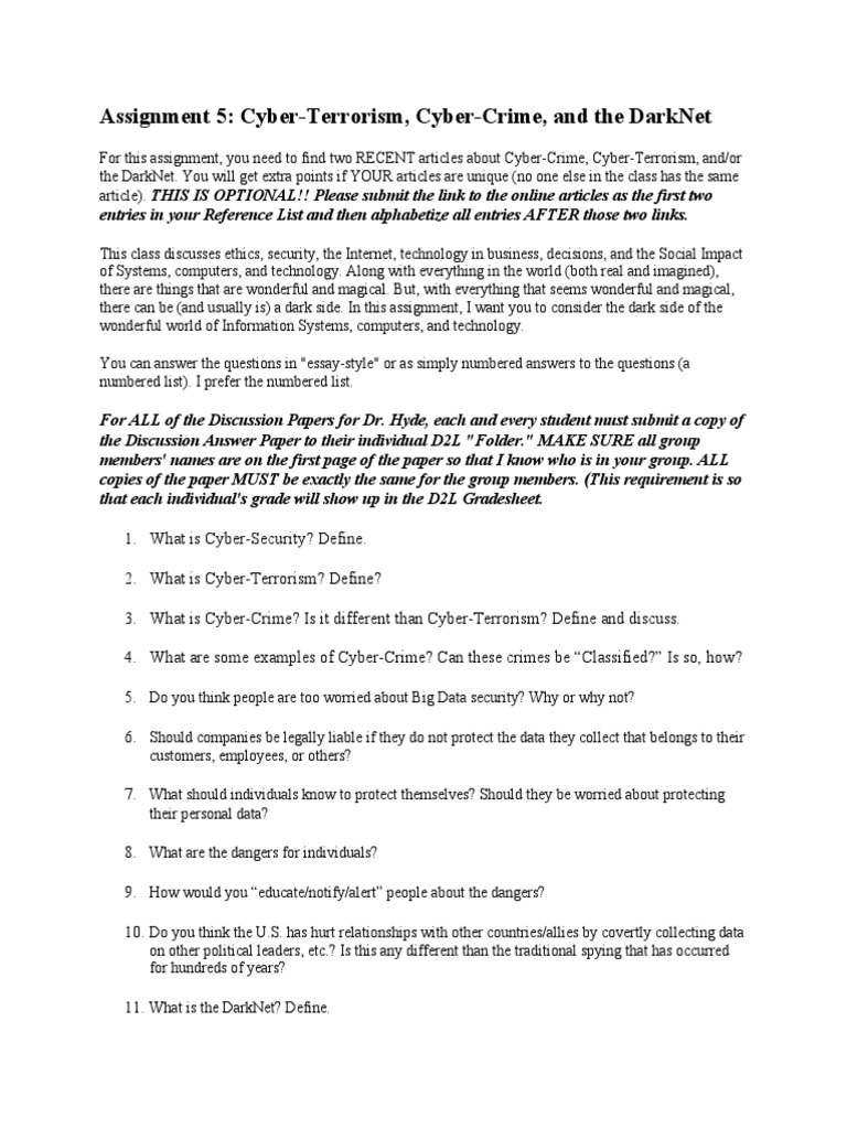 Assignment 5: Cyber-Terrorism, Cyber-Crime, and The Darknet | PDF ...