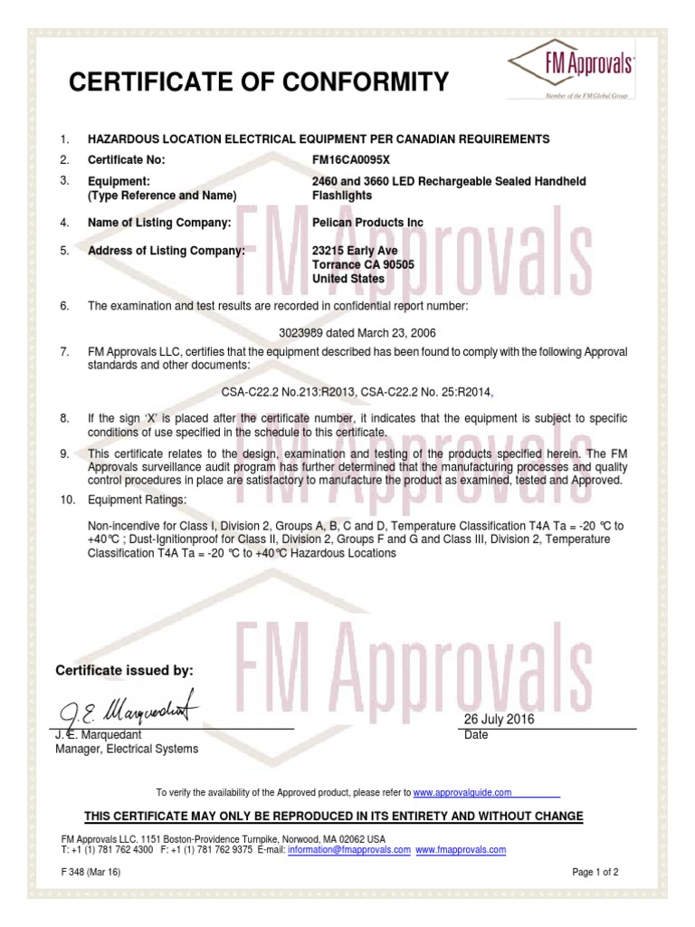 2460 3660 FM Canadian Certificate | PDF | Flashlight | Nature