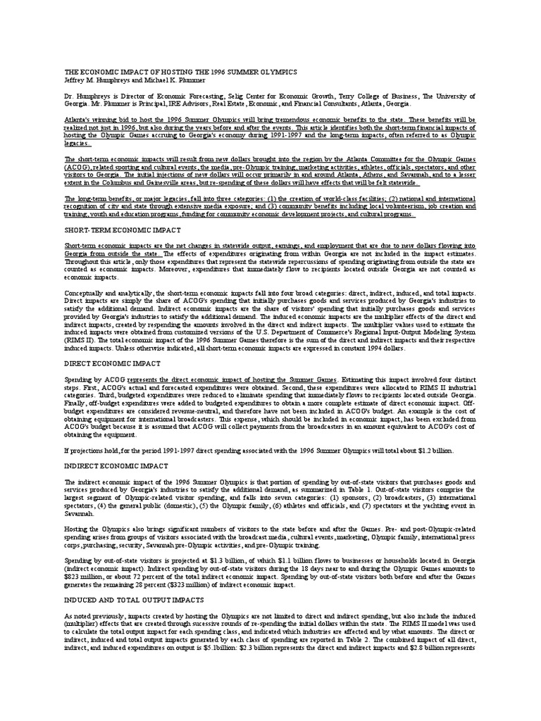 The Economic Impact of Hosting The 1996 Summer Olympics | PDF | Atlanta ...