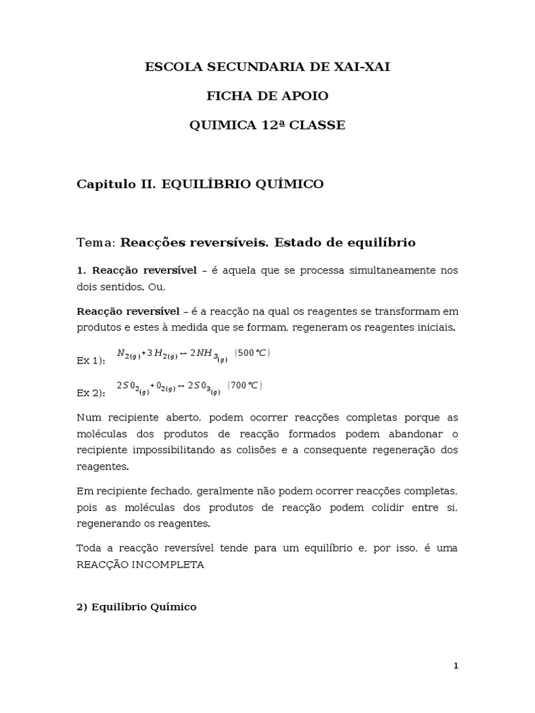 Quimica 12a Classe Ficha de Apoio | PDF | Equilíbrio químico | Gases