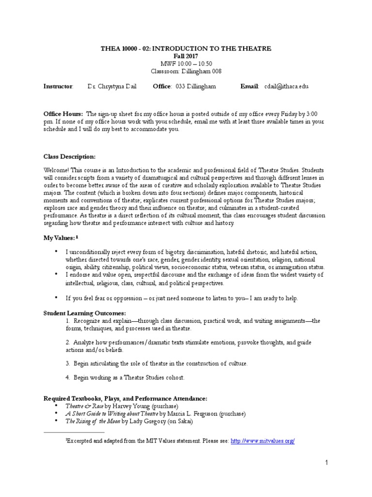 Intro To Theatre Syllabus | PDF | Mental Health | Disability