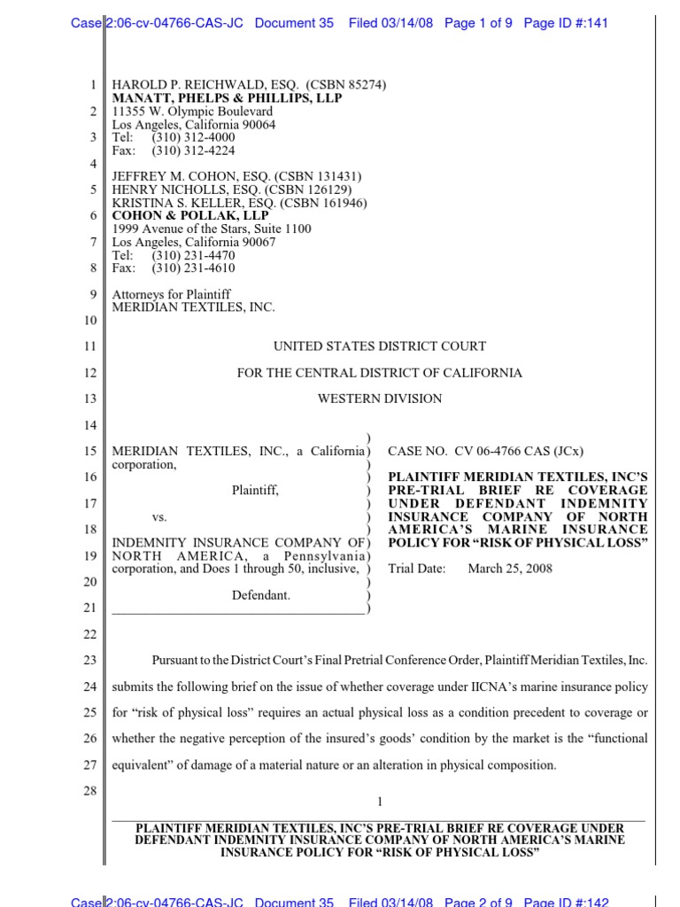 MERIDIAN TEXTILES INC v. INDEMNITY INSURANCE COMPANY OF NORTH AMERICA Et Al Complaint | PDF ...