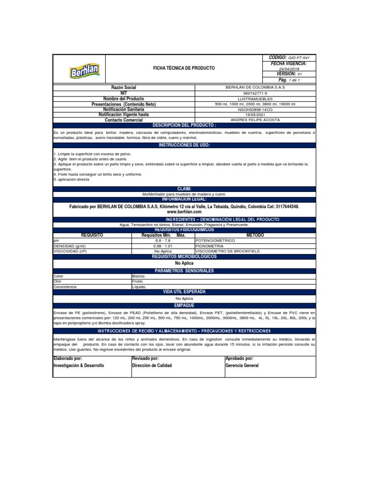 Ficha Técnica Lustramuebles PDF | PDF | Materiales | Materiales de construcción