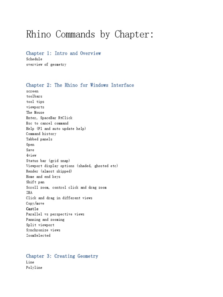 Rhino Commands by Chapter PDF | PDF