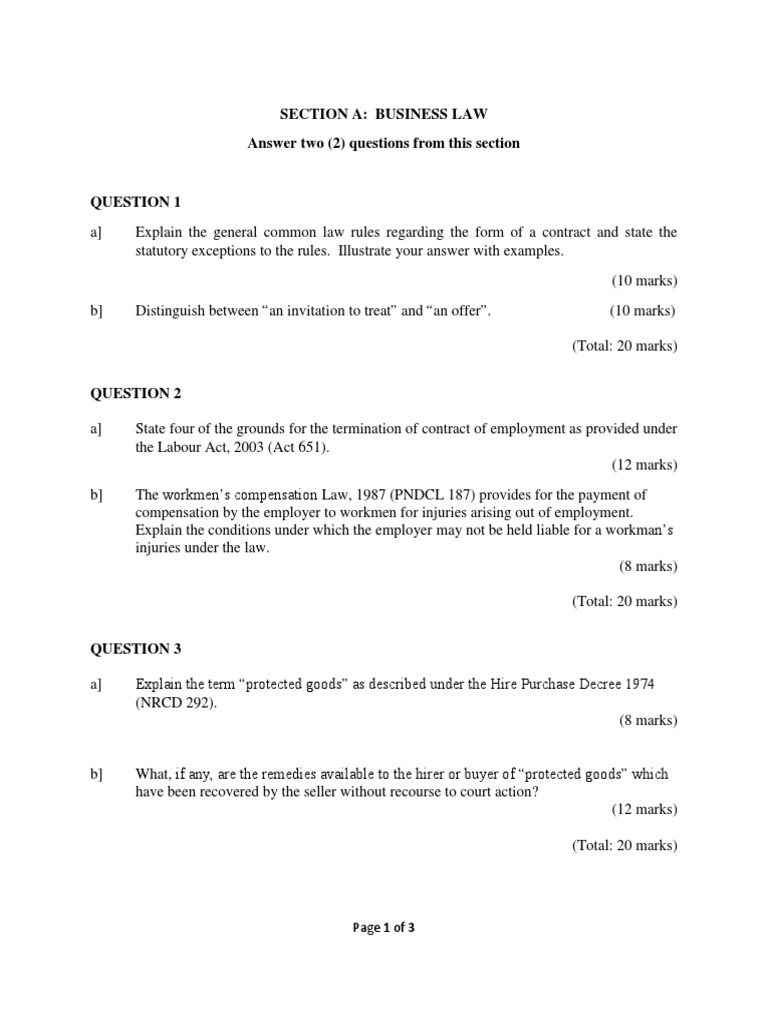 Section A: Business Law Answer Two (2) Questions From This Section ...