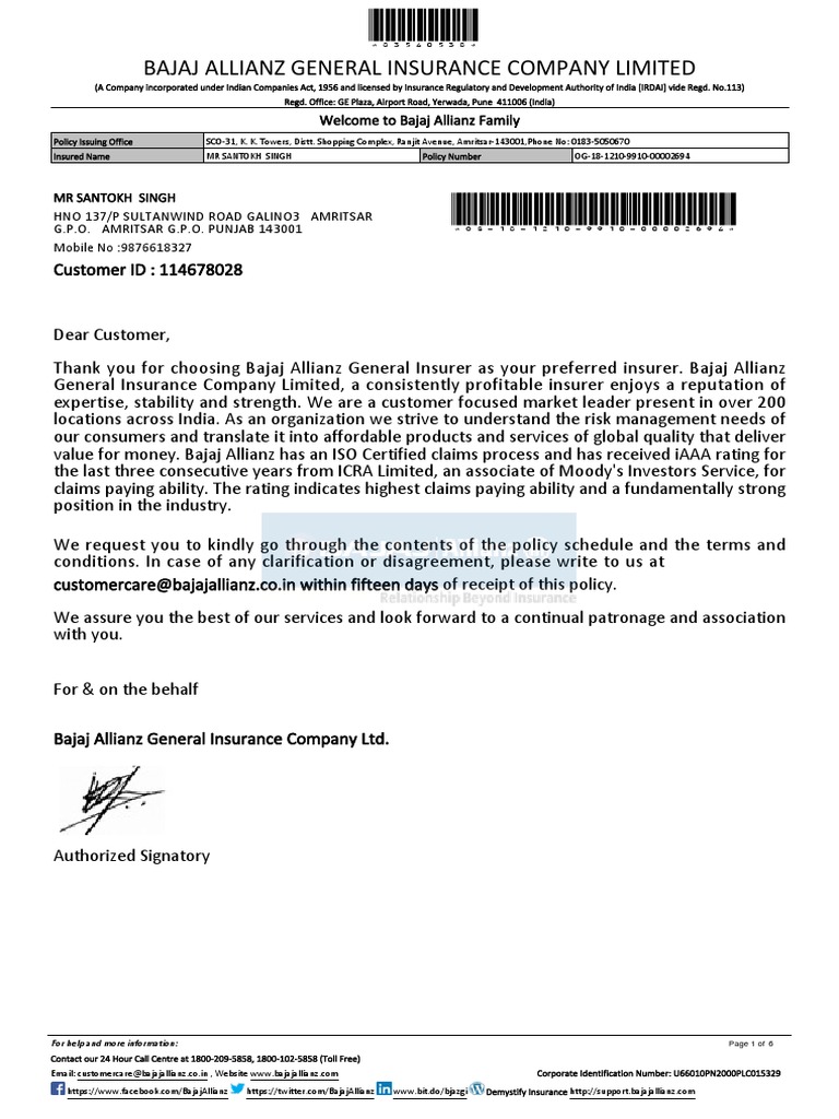 Bajaj Allianz General Insurance Company Limited | PDF | Insurance | Receipt