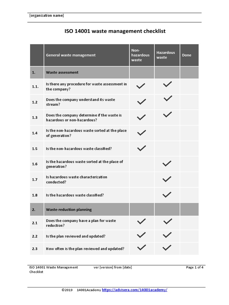 ISO 14001 Waste Management Checklist EN | PDF | Dangerous Goods ...