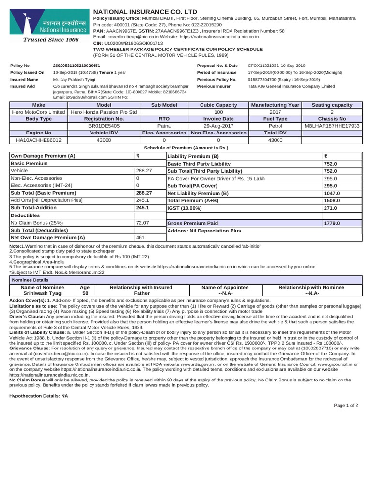 Policy No 26020531196210020451 Proposal No. & Date Policy Issued On ...