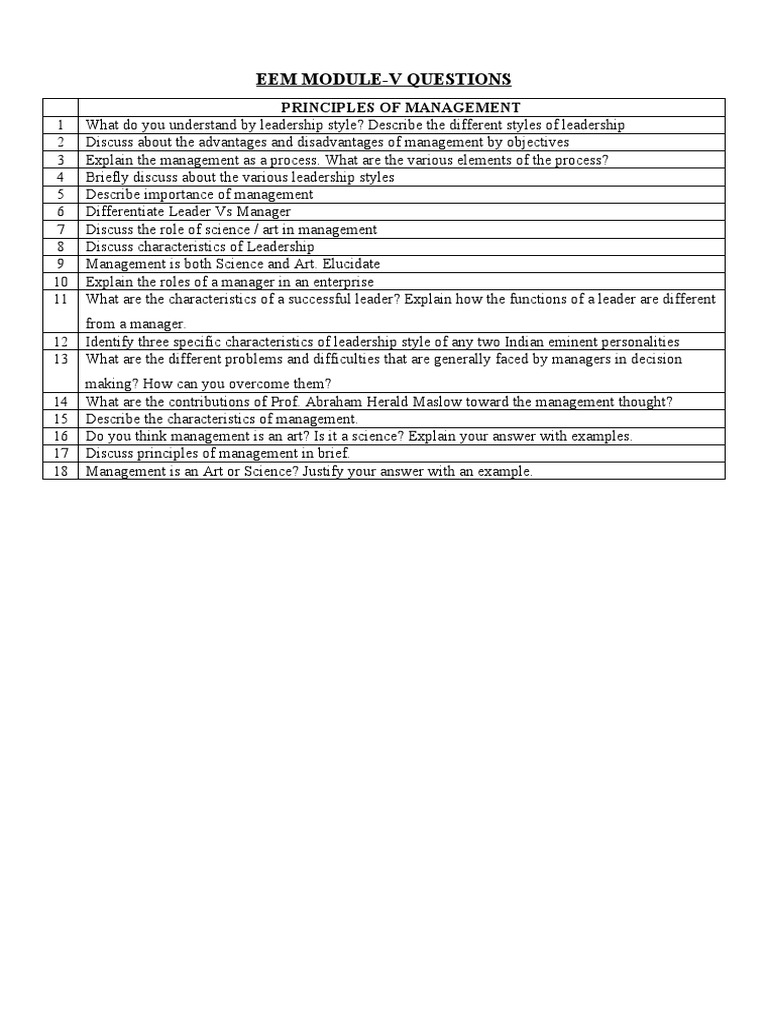 Eem Module-V Questions: Principles of Management | PDF | Science & Mathematics