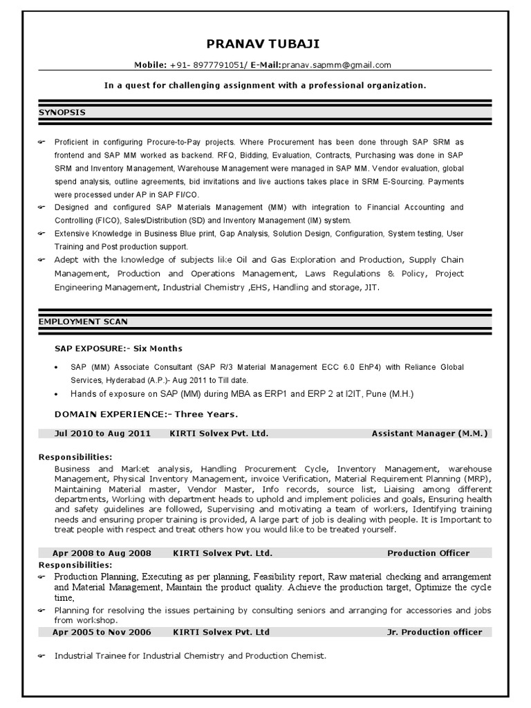 Pranav Tubaji: Hands of Exposure On SAP (MM) During MBA As ERP1 and ERP ...