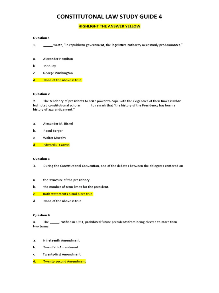 Constitutional Law Study Guide 4 | PDF | Presidents Of The United ...