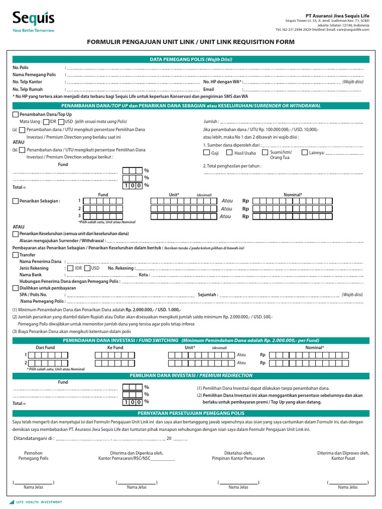 Formulir Pengajuan Unit Link / Unit Link Requisition Form: PT Asuransi Jiwa Sequis Life | PDF