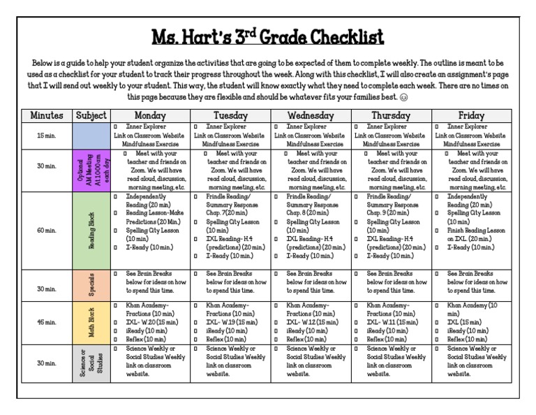3rd Grade Weekly Activity Checklist | PDF | Education Theory | Teachers