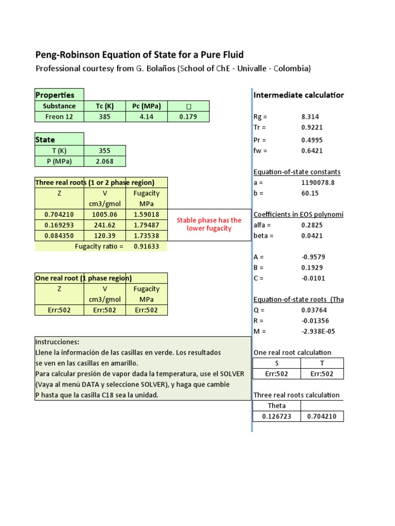 Peng-Robinson Equation of State For A Pure Fluid | PDF | Branches Of Thermodynamics | Continuum ...
