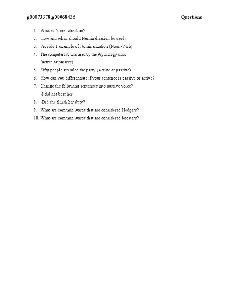 Nominalization, Voice, Hedging & Boosting Questions | PDF