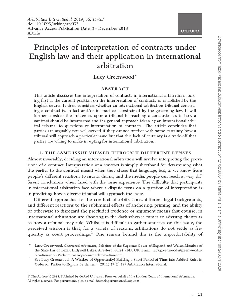 Principles of Interpretation of Contracts Under English Law and Their ...