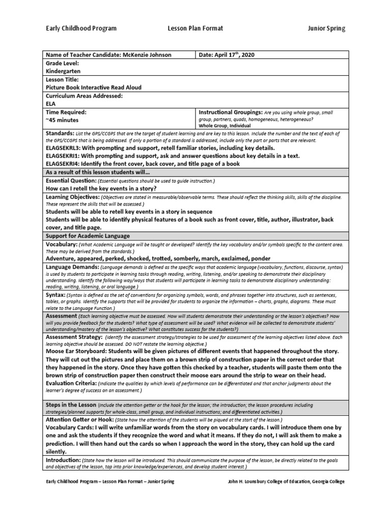 Picture Book Lesson Plan | PDF | Educational Assessment | Lesson Plan