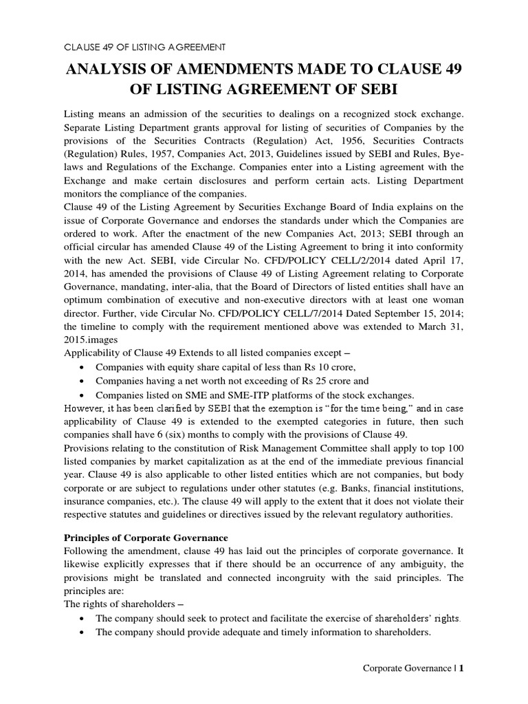 Analysis of Amendments Made To Clause 49 of Listing Agreement of Sebi ...