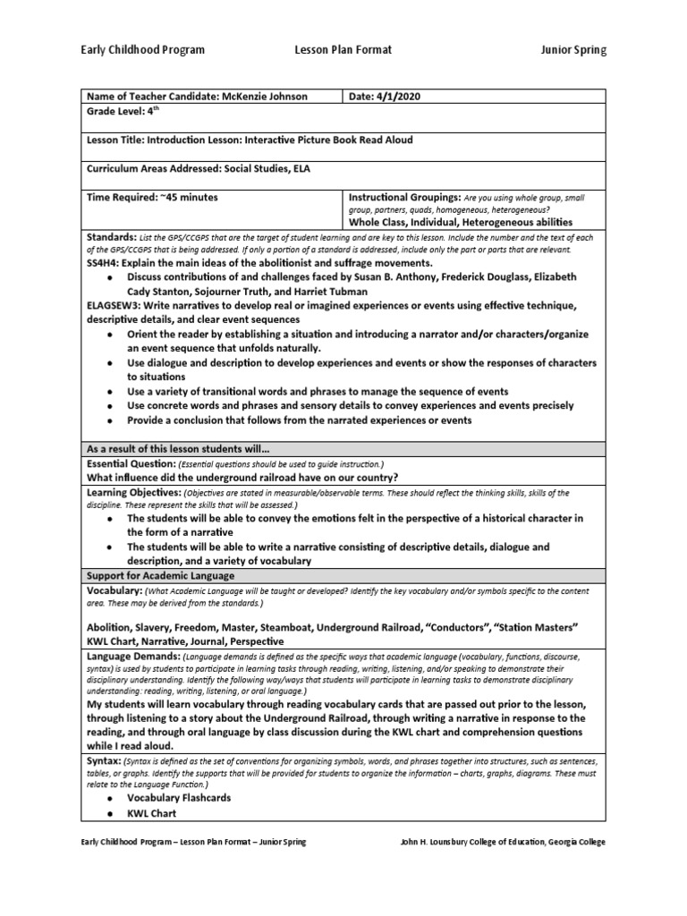 Early Childhood Program Lesson Plan Format Junior Spring | PDF ...