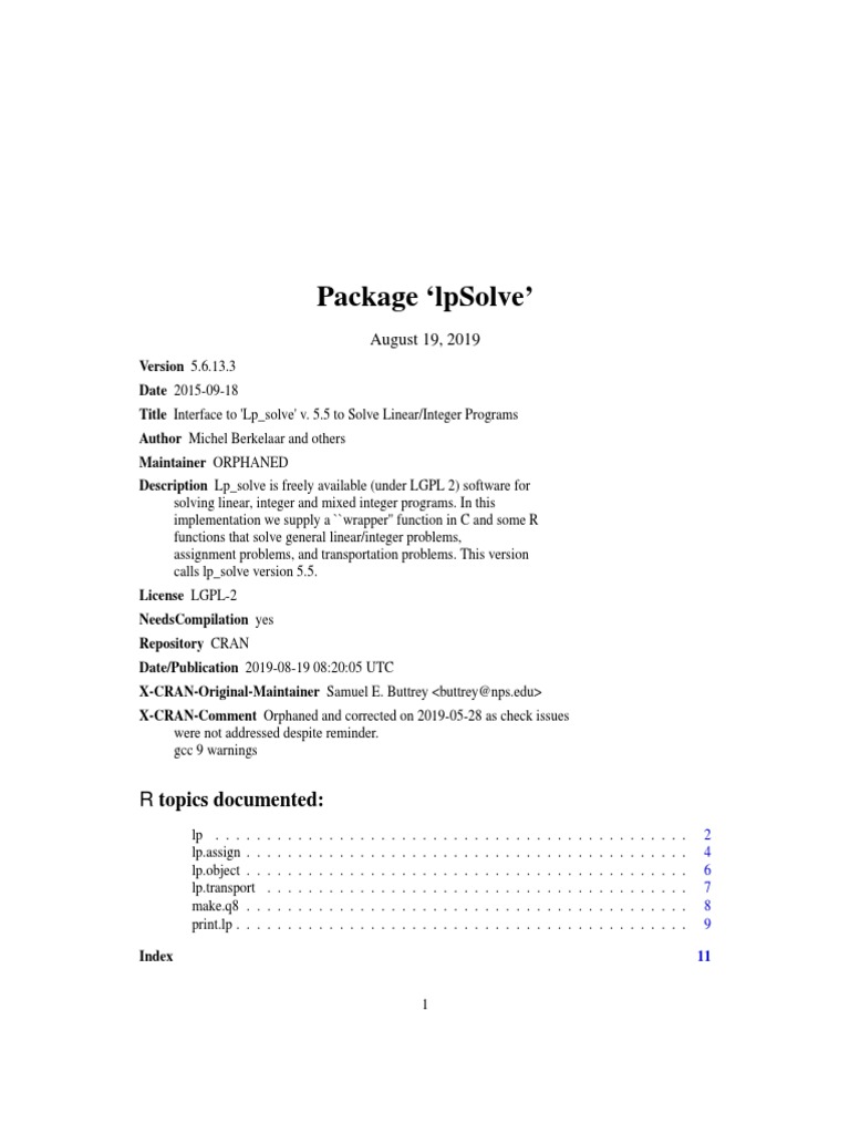 Package Lpsolve': R Topics Documented | PDF | Matrix (Mathematics) | Linear Programming
