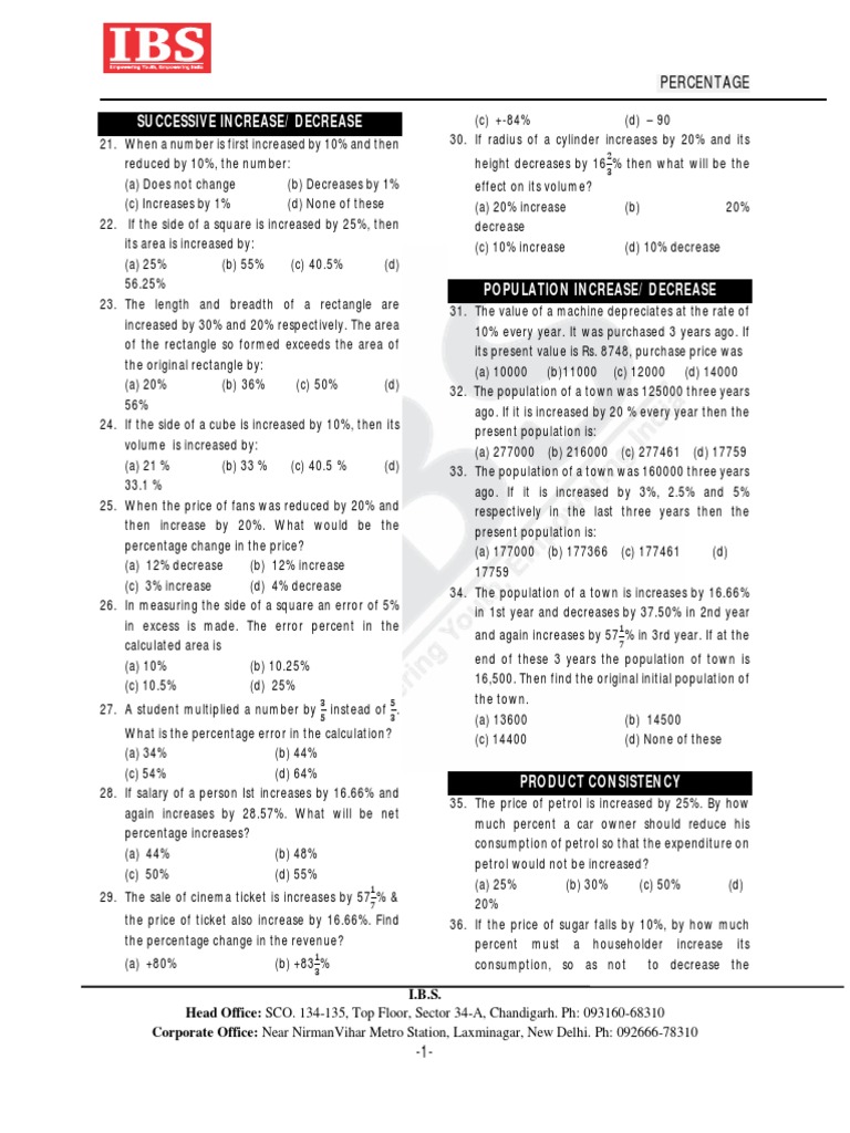 Successive Increase/ Decrease: Percentage | PDF | Length | Area