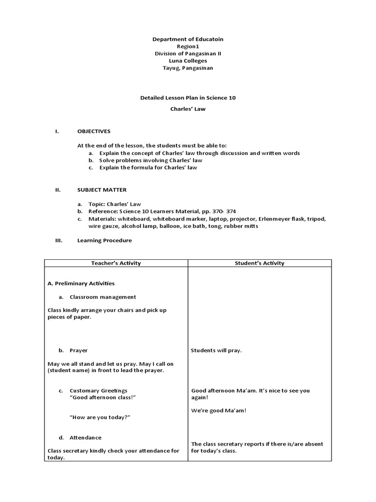 Detailed Lesson Plan On Charles Law | PDF | Gases | Lesson Plan