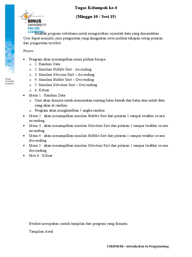 Tugas Kelompok Ke-4 (Minggu 10 / Sesi 15) : COMP6598 - Introduction To Programming | PDF