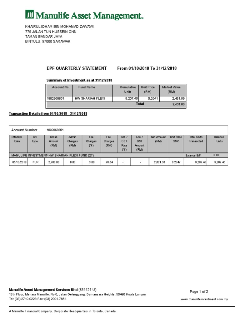 Epf Quarterly Statement From 01/10/2018 To 31/12/2018 | PDF | Business ...