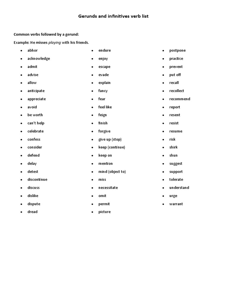 Gerunds and Infinitives Verb List | PDF